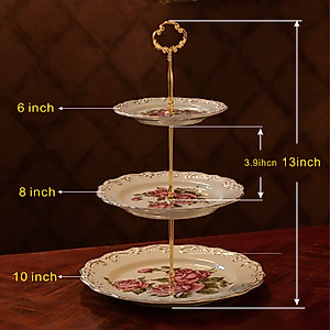 YOLIFE Red Rose Pattern 3 Tiered CupCake Stand, Emboss Golden Leaves Edge Porcelain 3 Tier Pastry Stand Desert Stand