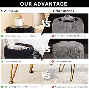 Mxfurhawa Faux Fur Storage Ottoman Round Furry Vanity Stool Marble Grain Tray Coffee Table Compact Footrest Stool with 4 Metal Legs Soft Makeup Seat Foot Stools for Living Room Bedroom Entryway Black