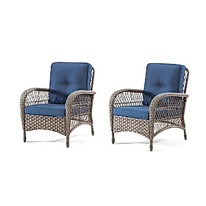 MeetLeisure Wicker Patio Chairs Set of 2 - Outdoor Rattan Chairs with Handmade PE Wicker & Olefin Fabric Cushions, Patio Rattan Chairs, Cushions Included(Mixed Grey/Blue)