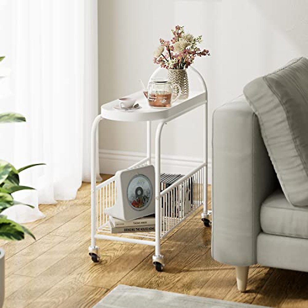 AEPOALUA Bar Cart, Mini Bar Cartwith Magazine Holder, Modern Two Tier Silver Bar Cart for Bedroom,Bathroom, Kitchen,Indoor, Patio White