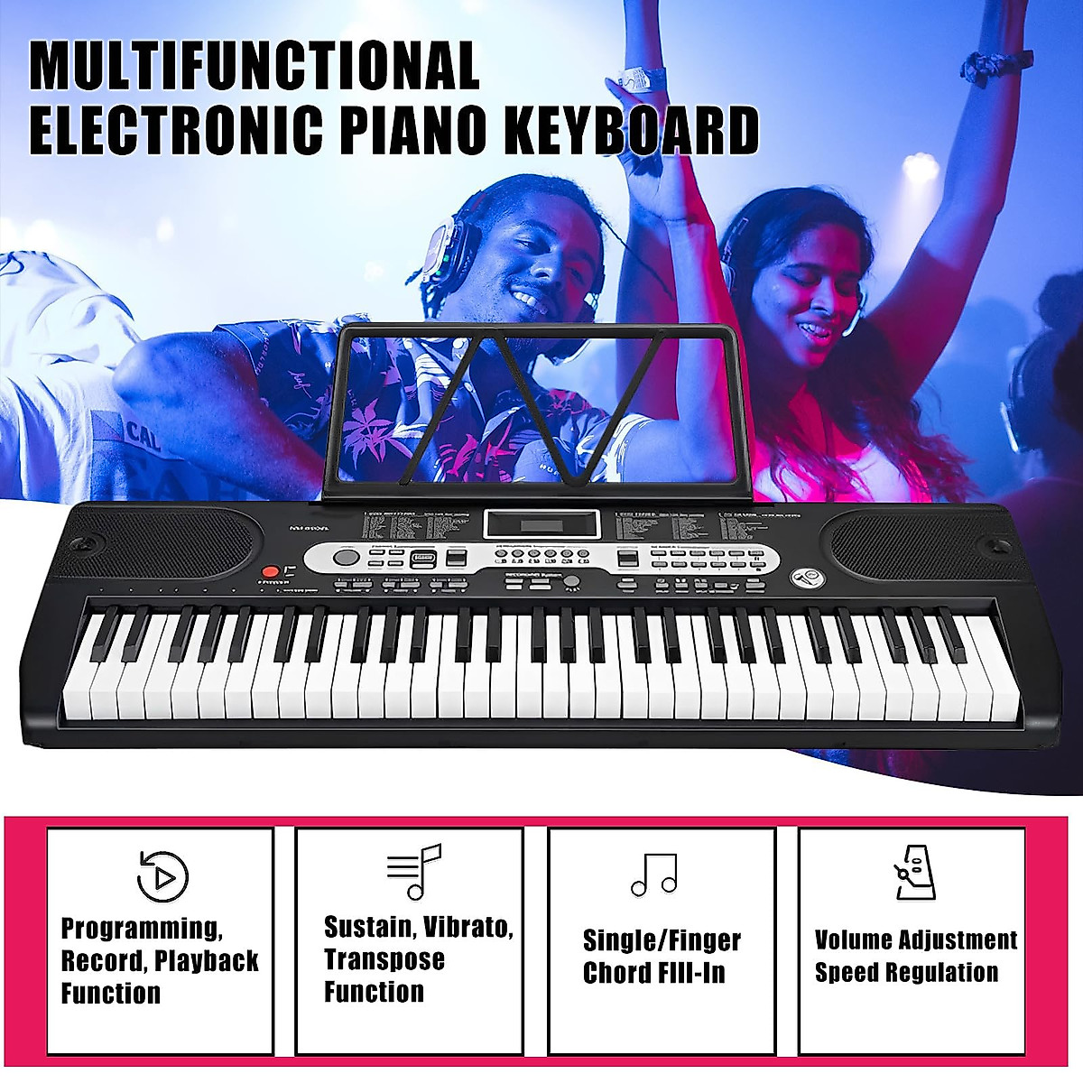 Fujampe 61Key Keyboard Piano W/Lighted Keys, LCD Display, Piano Bench, Microphone, Headphones, Note Stickers, Keyboard Stand, Music Stand, Electric Portable Piano Keyboard for Beginners
