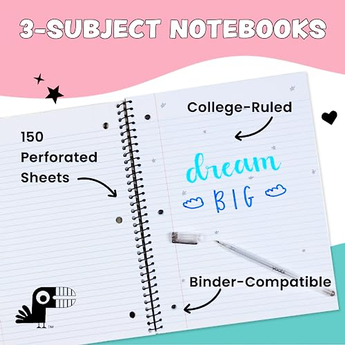 Yoobi College Ruled Spiral Notebook Set — Bulk 3-Pack of 3 Subject Notebooks, Blue, Mint Green & Blush Pink Colors — 150 Perforated, 3-Hole Punched Sheets, For School, Office & Home — 10.5” x 8”
