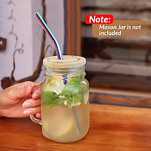 Tawa Homes Bamboo Mason Jar Lids with Straw Hole - 70 mm Lids for Beer Can Glass Cups with Silicone Straw Hole Plug 16 oz - 6 Pcs Regular Mouth Lid with 6 Stainless Steel Straw, 2 Cleaning Brush & Bag