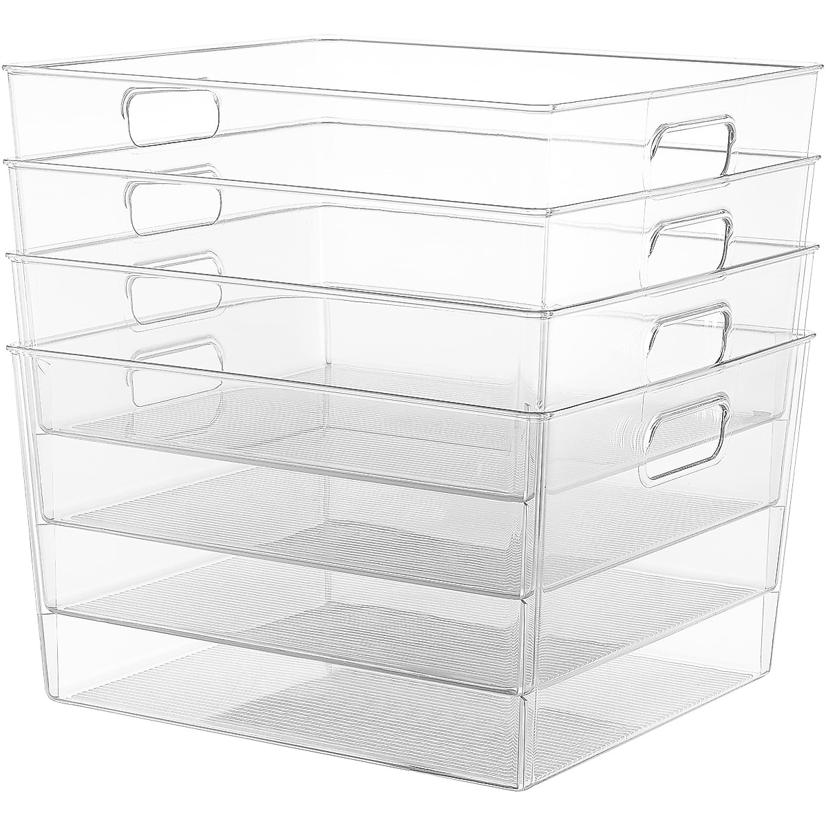 EAMAOTT Clear Plastic Storage Organizer Container Bins with Cutout Handles, Transparent Set of 4, BPA Free, Cabinet Storage Bins for Kitchen Food Pantry Refrigerator Bathroom, 11” x 8” x 6”