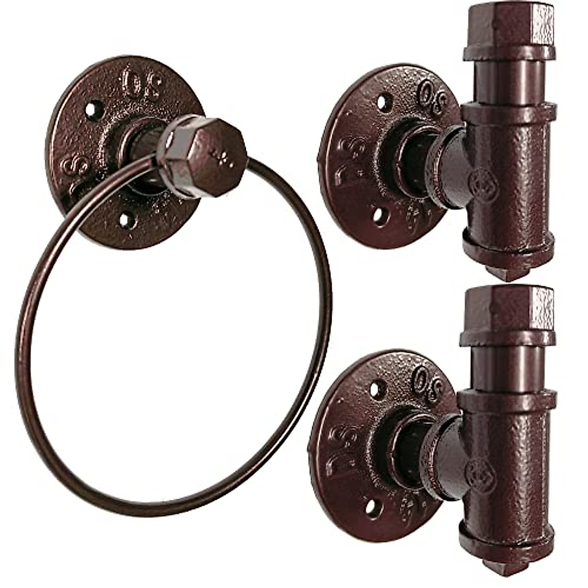 3 Pack Industrial Pipe Bathroom Hardware Accessories Set, Include 2Robe Coat Towel Hook and 1 Towel Ring Threaded Wall Mounted Rustic Decor Accessories Kit(Bronze)