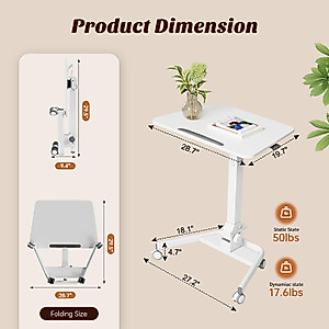 Joy Seeker Foldable Mobile Standing Desk, Pneumatic Height Adjustable and Tilt Rolling Sit Stand Desk, 90° Tiltable Portable Laptop Desk Cart on Wheels White Workstation for Home Office, Easy to Fold