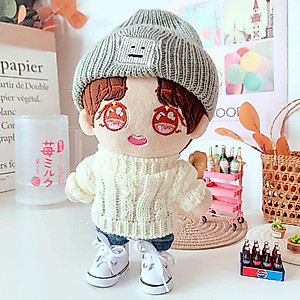 niannyyhouse Doll Clothes Suit 7.8in/20cm Plush Doll Clothes Hat + Sweater + Shorts 3-Piece Set Doll Dressup Square Face Hat Denim Shorts White Sweater (Blue)