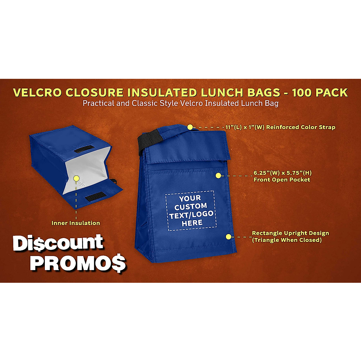 DISCOUNT PROMOS 100 Hook and Loop Insulated Lunch Bags Set - Customizable Text, Logo - Polyester, Durable, Vibrant, Reusable - Blue