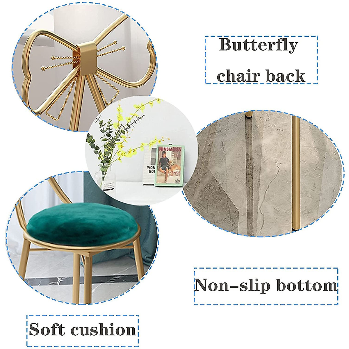 DUANY STORE Makeup Vanity Girl Chairs Stool for Bedroom with Bow Knot Backrest,Side Table Seat Dressing Chair with Golden Metal Leg,Velvet Cushion for Girl Daughter Room