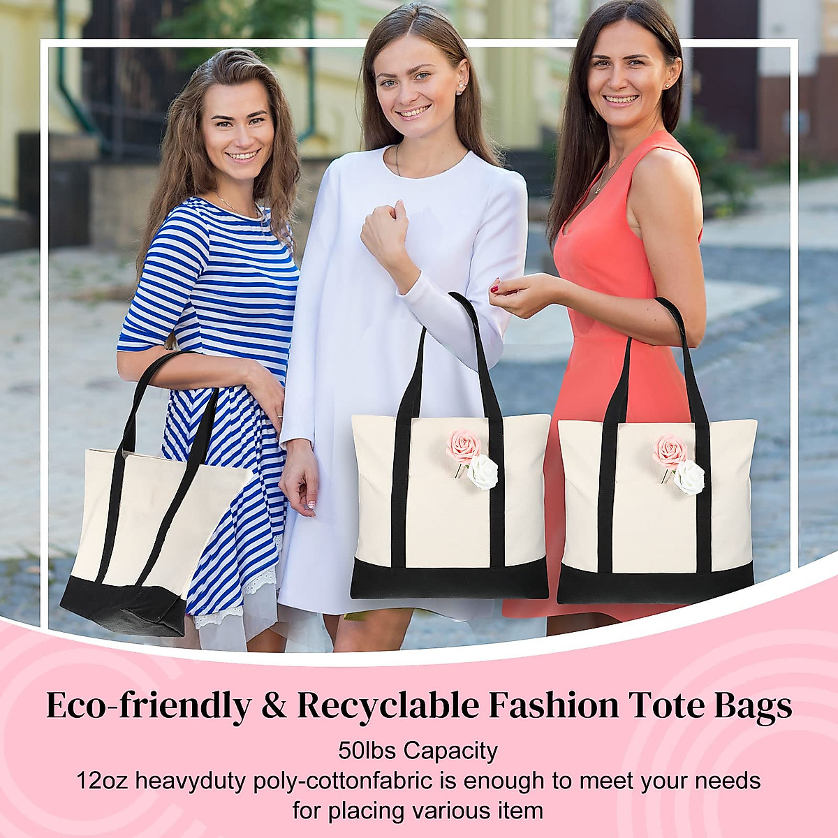 12 Pcs Canvas Tote Bag Bulk with Outer Pocket, 21 in Large Cotton Tote Beach Bags with Zipper Washable Shopping Bags (Black)