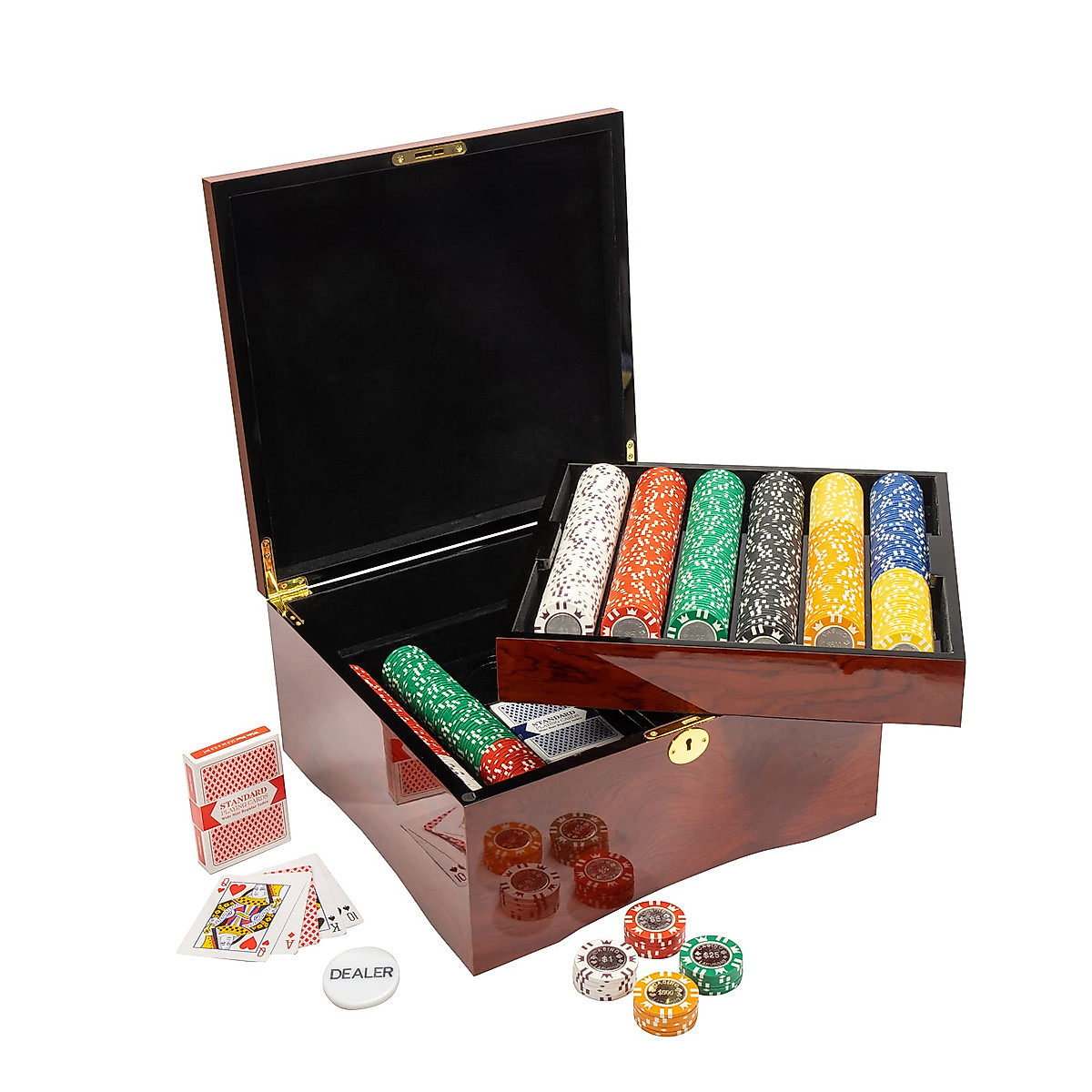 Coin Inlay Poker Chips Set - 750 Heavyweight (15-Gram) Clay Composite Chips, Playing Cards, Dealer Button, Dice, & Hi-Gloss Case - Professional Casino Supplies, Kits, Holders, & Storage Container
