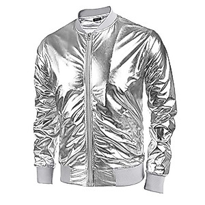 Coofandy Mens Metallic Nightclub Varsity Jacket Shiny Button Zip-up Baseball Bomber For Party,Disco,Dance,Silver,Medium