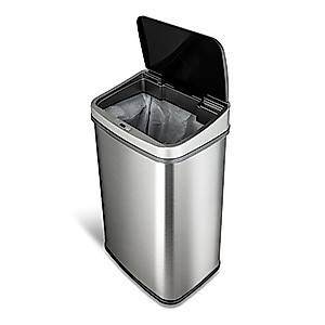 NINESTARS DZT-50-28BR Automatic Touchless Motion Sensor Oval Trash Can, Black Top, 13 Gal BR, Brush