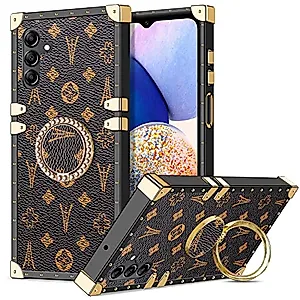 WOLLONY for Samsung Galaxy A14 5G Luxury Leather Case with Ring Stand Metal Edge Drop Protection Classic Square Case Soft TPU Slim Retro Cover for Women Girls Designed for Galaxy A14 5G Brown