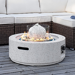 COSIEST Outdoor Propane Fountain Fire Pit Table, 29.3-inch 50,000 BTU Firepit Round Terrazzo White Patio Heater, Stainless Steel Burner, Blue Fire Glass, Rain Cover