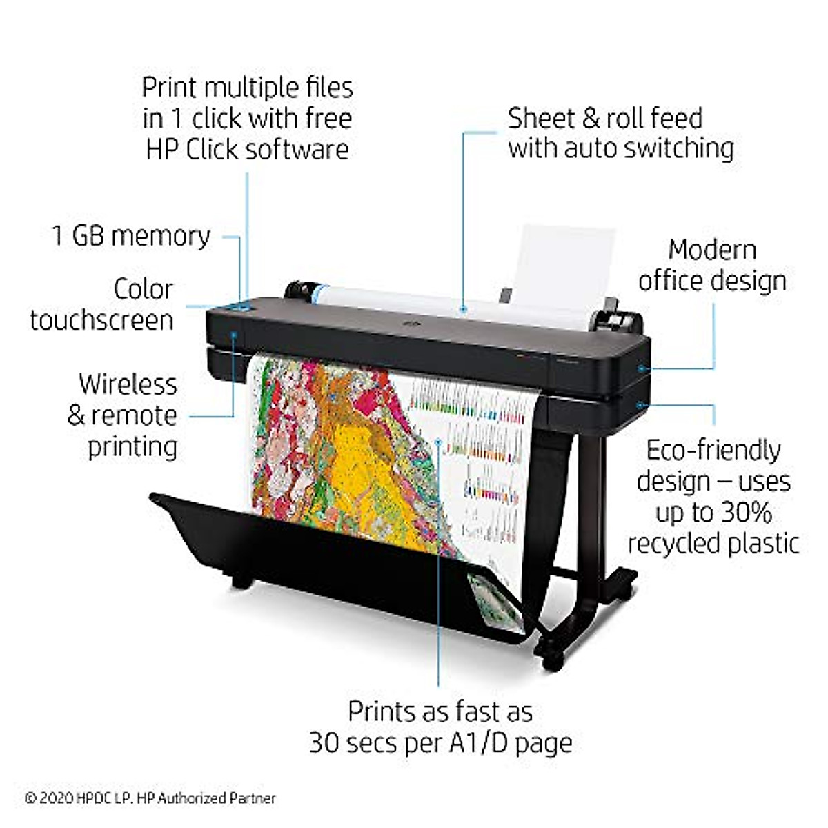 HP DesignJet T630 Large Format Wireless Plotter Printer - 36" (5HB11A), with Multipack and High-Capacity Genuine Ink Cartridges (10 Inks) - Bundle