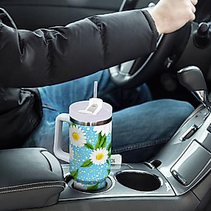RPLIFE White Daisies Yellow Light Blue 40 Oz Tumbler, Stainless Steel Tumbler with Straw, Travel Coffee Tumbler