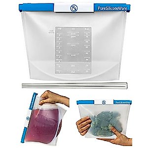 PureSiliconeWare 0.6 Gallon (74 oz) Reusable Silicone Kitchen Bags Freeze Heat Microwave Steam Store Sous Vide