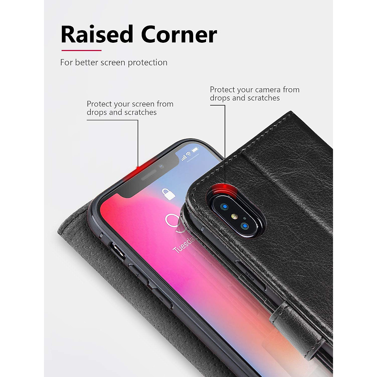 OCASE iPhone X Wallet Case, iPhone 10 Case [ Wireless Charging ] [ Card Slot ] [ Kickstand ] Leather Flip Wallet Phone Cover Compatible with iPhone X/iPhone 10 - Black
