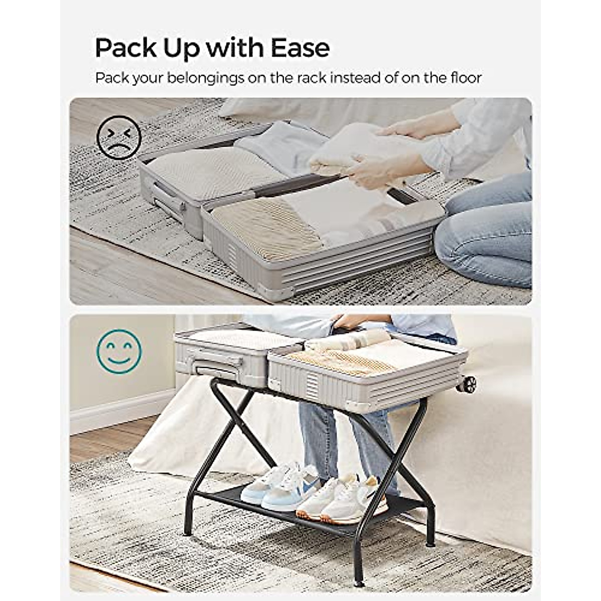 SONGMICS Luggage Rack, Suitcase Stand with Fabric Storage Shelf, for Guest Room, Bedroom, Hotel, Foldable Steel Frame, Holds up to 110 lb, 27.2 x 15 x 20.5 Inches, Black URLR002B01V1