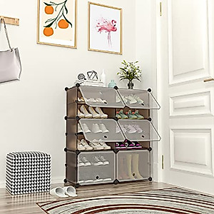 UNZIPE Shoe Rack with Door, 56 Pairs Shoes Storage Cabinet Plastic Freestanding Shoe Shelves DIY Cube Organizer for Closet, Bedroom，Garage Entryway, Dark Coffee