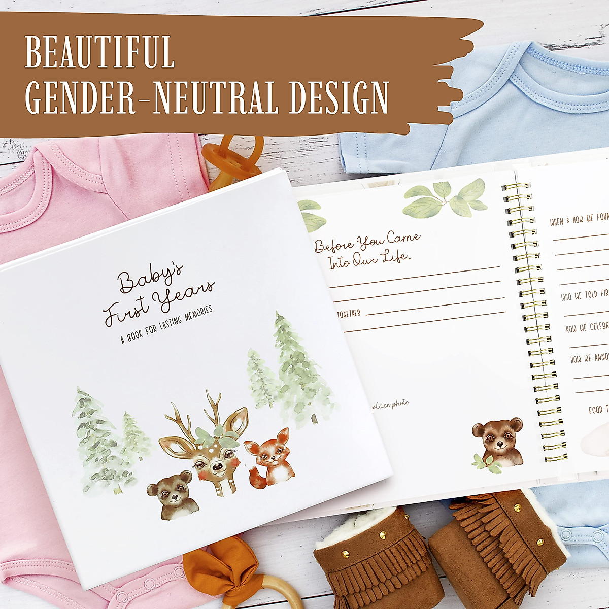 Timeless Woodland Baby Memory Book - Gender Neutral First 5 Year Scrapbook to Record Milestones from Birth to Age 5