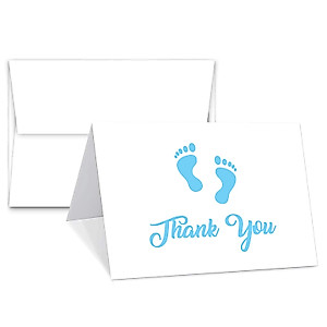 Baby Boy Blue Footprint Thank You Greeting Cards, Baby Shower, Birthdays, Invitation Congratulations Celebration Celebratory Appreciation Cards – 25 per Pack, Envelopes Included – 4.25" x 5.5"