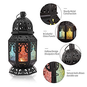 Lewondr Retro Iron Ramadan Candle Lantern, 10.2 Inch Portable Moroccan Wrought Iron Stained Glass Decorative Lantern Candle Holder Hanging Lamp Wind Lantern for Home Decor, Small – Black + Colorful