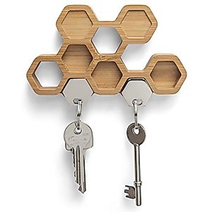 BU Products Honeycomb Magnetic Key Holder - A Unique Bamboo Wall Mounted Hook and Decorative Wooden Storage Rack (2 Keys)