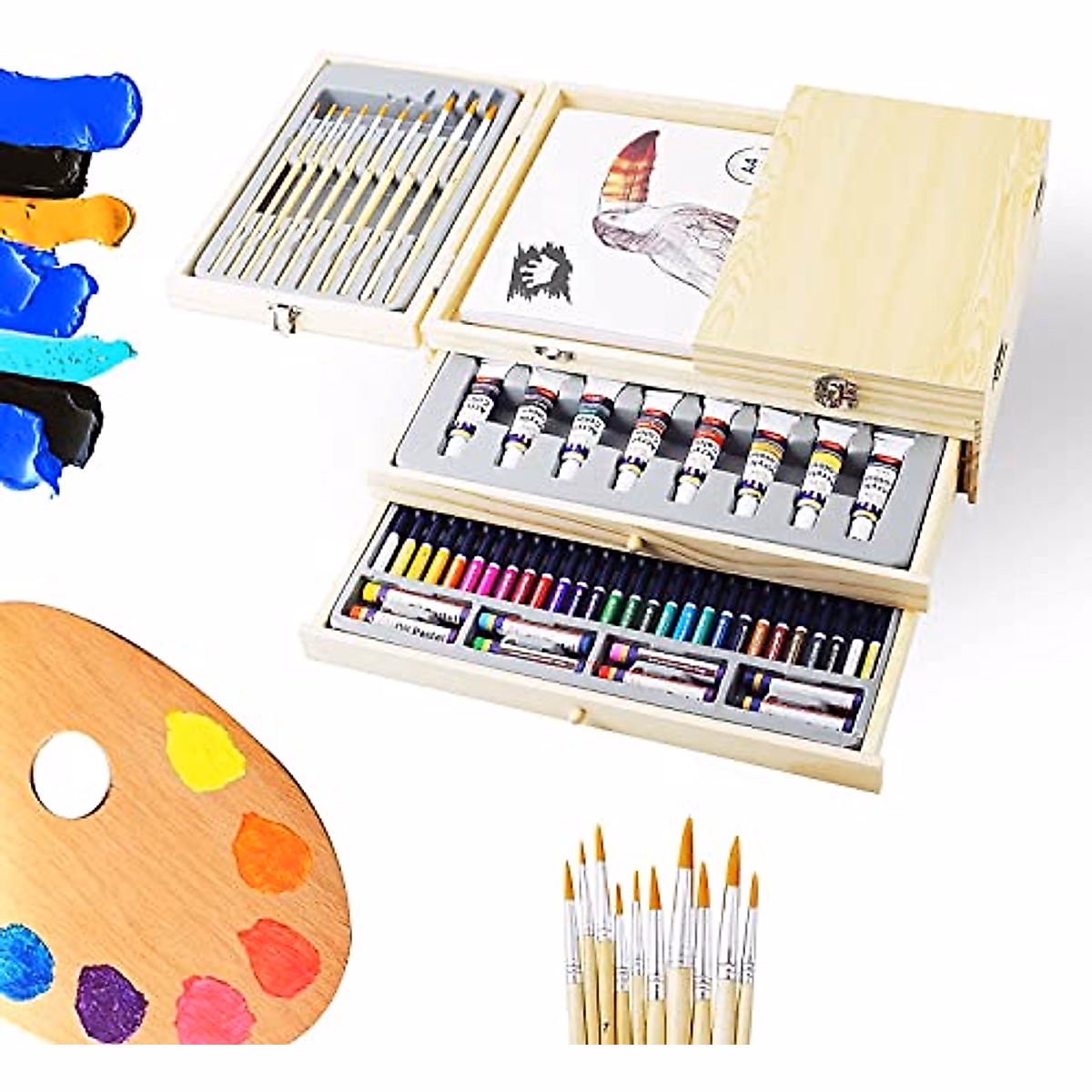 Deluxe Art Supplies, 88 Pieces Art Set in Portable Wooden Case, with 2 Drawing Books and 4 Canvas Panels, Professional Art Set for Painting & Drawing, Art Kit for Kids, Teens and Adults/Gift