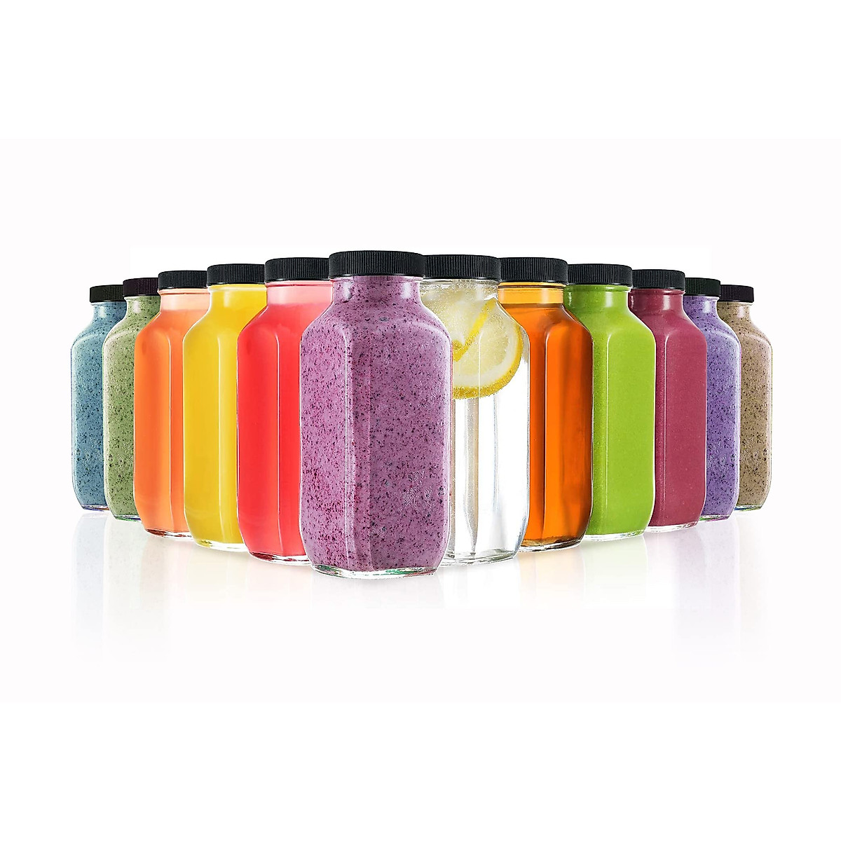 DilaBee Glass Juice Bottles with Lids - 12 Pack - Reusable Glass Water Bottles with Caps for Juicing, Smoothie, Milk and Kombucha - Homemade Drinking Bottles - 8 Oz