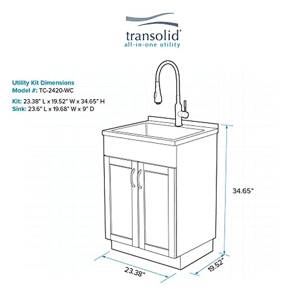 Transolid TC-2420-WC 24-in. All-in-One Laundry/Utility Sink Kit, White/Stainless Steel