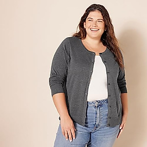 Amazon Essentials Women's Lightweight Crewneck Cardigan Sweater (Available in Plus Size), Charcoal Heather, Medium