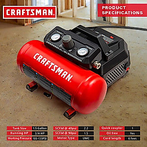 Craftsman Air Compressor, 1.5 Gallon 3/4 HP Max 135 PSI Pressure, 1.5 CFM@90psi and 2.2 CFM@40psi, Stainless Steel Portable Oil Free Maintenance Free Compressor, CMXECXA0200141A