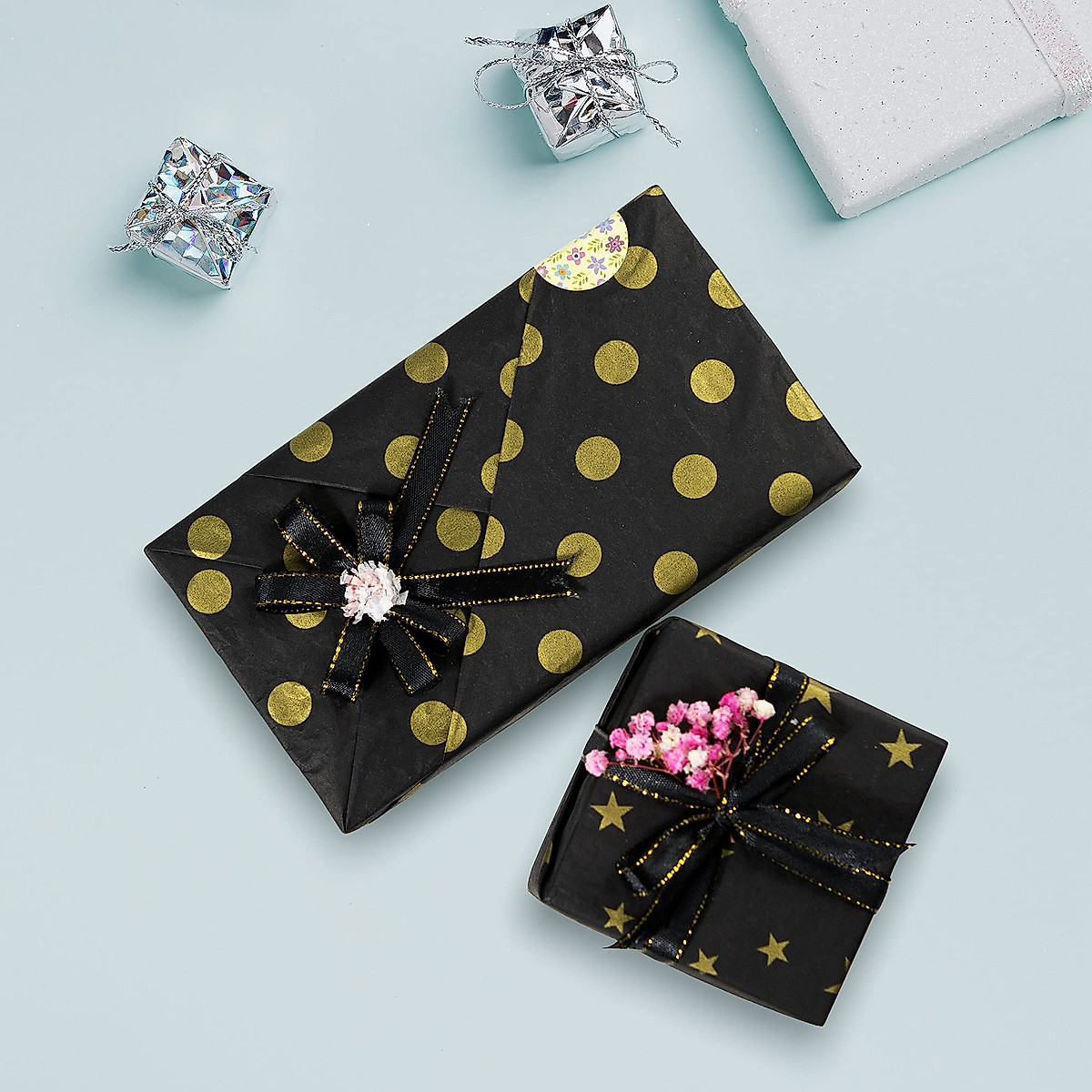 MR FIVE 60 Sheets Black and Gold Tissue Paper Bulk,20" x 14",Black Tissue Paper for Gift Bags,DIY and Crafts,Gold Star Gold Polka Dot Gift Tissue Paper for Graduation,Birthday,Holiday