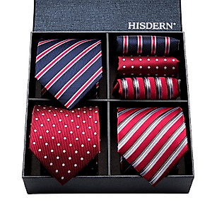 HISDERN Mens Ties Extra Long Ties for Men Big and Tall Red Striped Necktie and Pocket Square Set 63 Inch XL Silk Neckties Collection Handkerchief