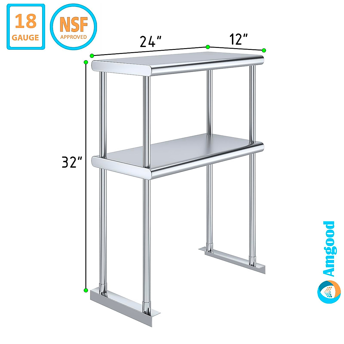 AmGood Double OverShelf Stainless Steel NSF - Many (24" Long x 12" Deep)