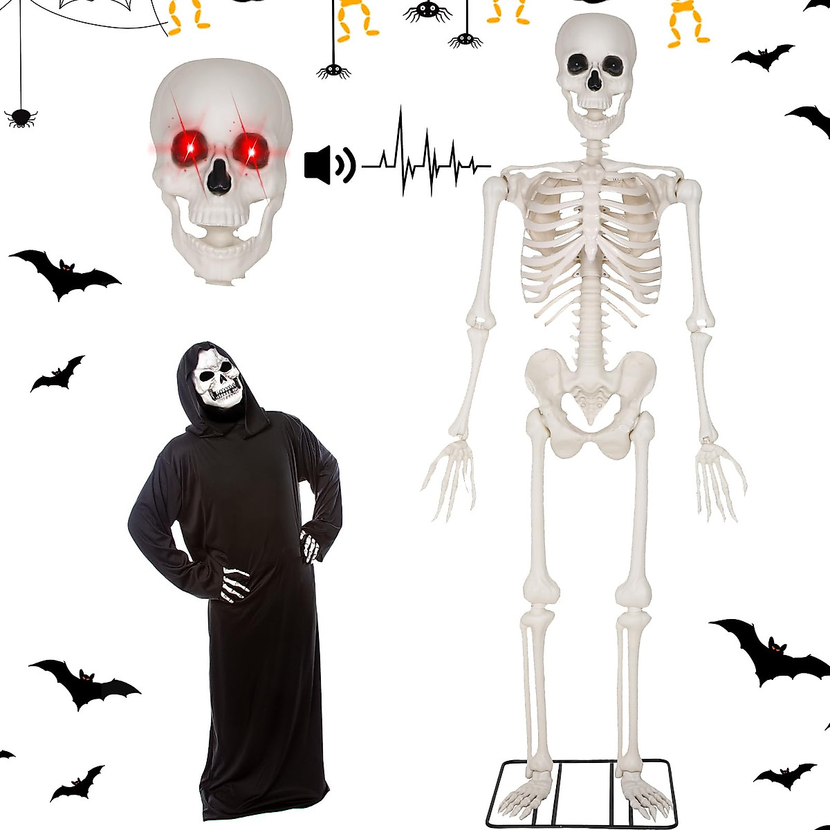 10 ft Halloween Skeleton with Light Up Eyes & Sounds
