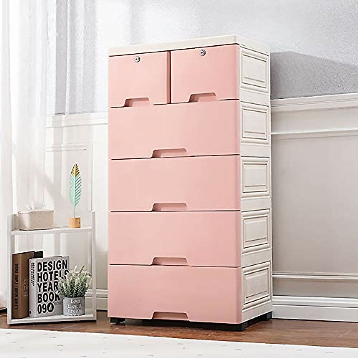 6 Drawer Dresser Vertical Cupboard Cabinet Plastic Dresser Storage with 4 Wheel and 4 Large Drawers and Top 2 Small Cabinets Locker(With Keys) for Closets Bedrooms Nurseries Playrooms and More (Pink)