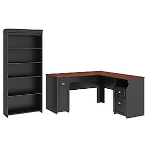 Bush Furniture Fairview L Shaped Desk and 5 Shelf Bookcase in Antique Black