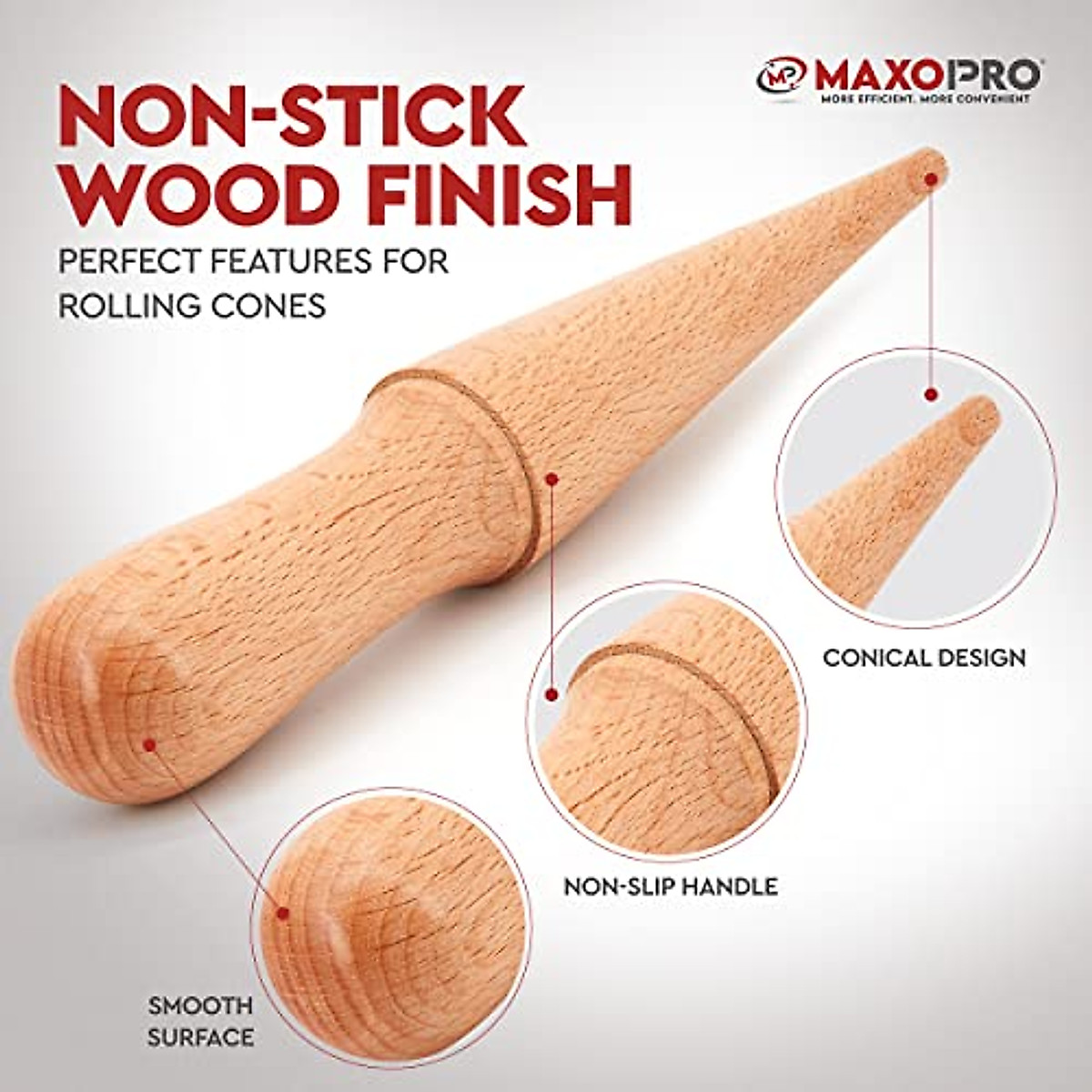 MaxoPro Ice Cream Waffle Cone Roller – 8.6 Inch Strong & Smooth krumkake cone roller - Wooden Pizzelle Cone Mold – Non-Slip Handle Waffle Cone Shaper Tool