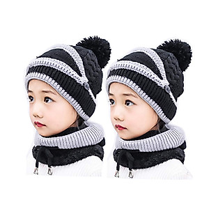 3 in 1 Winter Knitted Beanie Hat Scarf Mouth Mask Set for Girls Boys Kids, Warm Fleece Lined Ski Cap with Pompom Neck Warmer (Black)