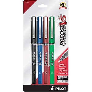 PILOT Precise V5 Stick Liquid Ink Rolling Ball Stick Pens, Extra Fine Point (0.5mm) Black/Blue/Red/Green Inks, 4-Pack (94202)
