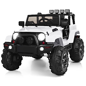 Costzon Ride On Car, 12V Battery Powered Electric Ride On Truck w/Parental Remote Control, LED Lights, Double Doors, Safety Belt, Music, MP3 Player, Spring Suspension (White)