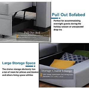 Sleeper Sofa Pull Out Couch with Storage, Modular Sectional Sofa Bed with Chaise Lounge, Modern Comfy 6 Seater U Shape Couch Bed for Living Room, Apartment, Home Office(Grey)