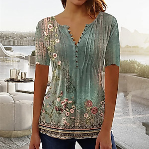 SMIDOW Plus Size Tunic Tops for Women Trendy 2024 Boho Floral Shirts Short Sleeve Notch v Neck t-Shirt Graphic Tees Blouse