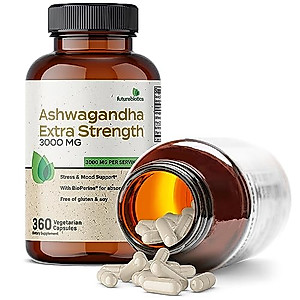 Futurebiotics Ashwagandha Capsules Extra Strength 3000mg - Stress Relief Formula, Natural Mood Support, Stress, Focus, and Energy Support Supplement, 360 Capsules