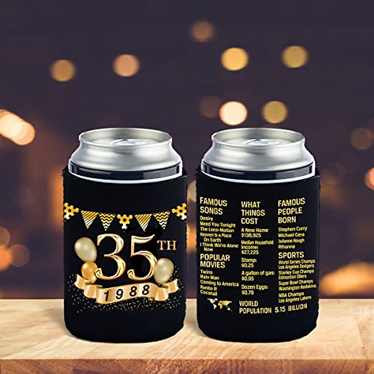 Yangmics 35th Birthday Can Cooler Sleeves Pack of 12-35th Anniversary Decorations- 1988 Sign - 35th Birthday Party Supplies - Black and Gold the thirty-fifth Birthday Cup Coolers