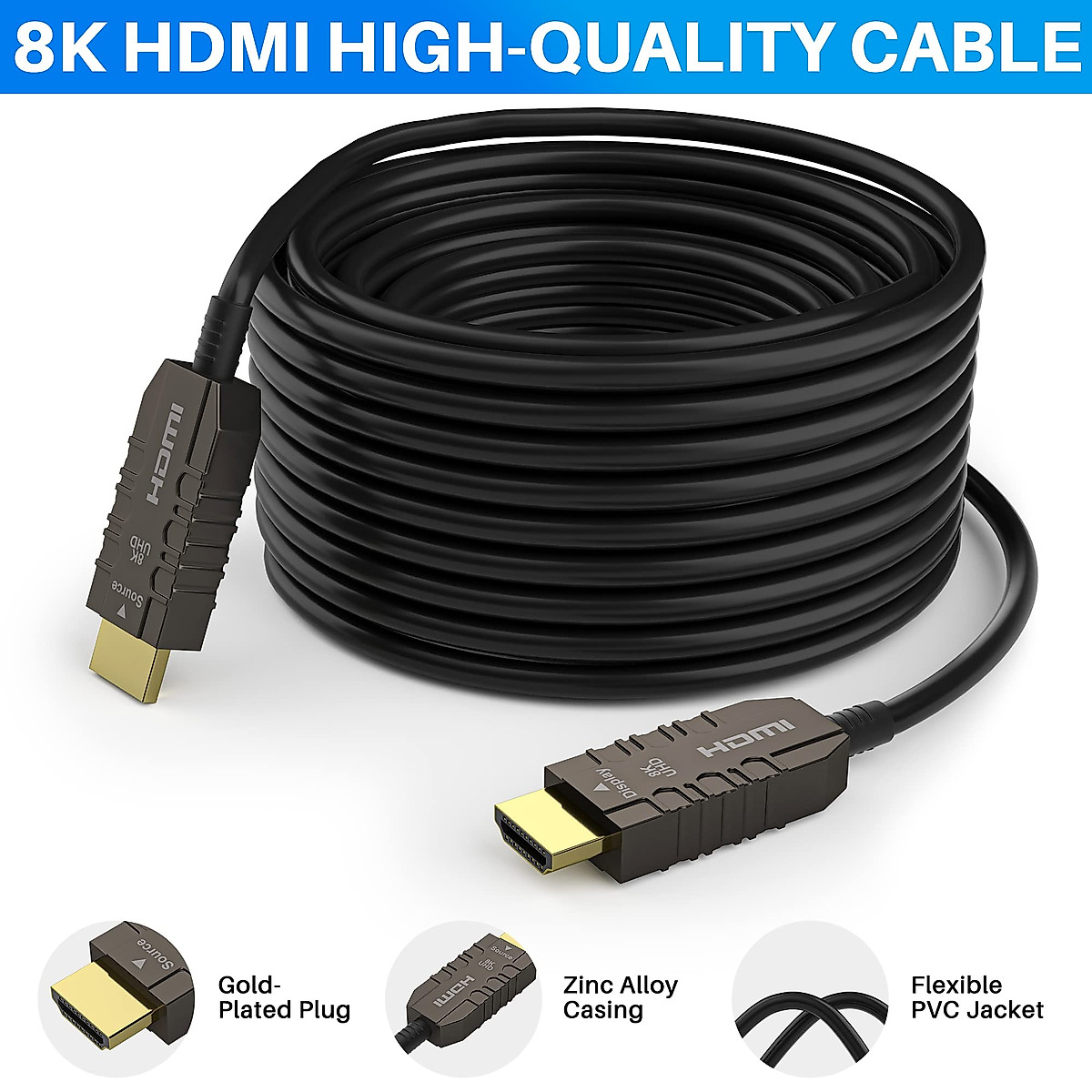 Certified 8K Fiber Optic HDMI® Cable 50FT, Real HDMI® Cable, Ultra HD, 48Gbps, Supports 8K@60Hz, 4K@120Hz, 2K@144Hz, HDR, HDCP 2.2&2.3, Dolby, eARC for Xbox, Series X, Laptop, Switch, PS5, UHD TV