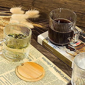 4 Pcs Glass Coffee Mugs with Lids and Spoons 12.5 Oz Classical Vertical Stripes Tea Cups Unleaded Clear Drinking Glasses with Handle for Americano Latte Cappuccino Tea Water Juice Milk Beverage